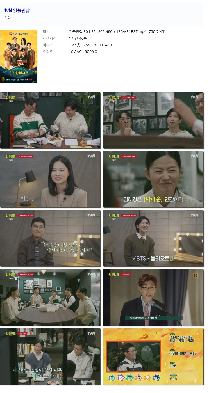 [tvN] 알쓸인잡.E01.221202.480p.H264-F1RST 저장 - 파일썬