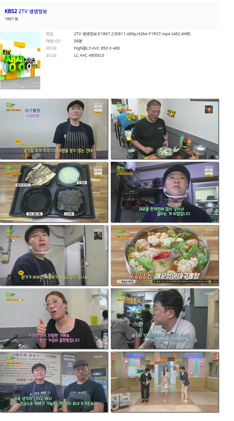 [KBS2] 2TV 생생정보.E1867.230811.480p.H264-F1RST 저장 - 파일썬