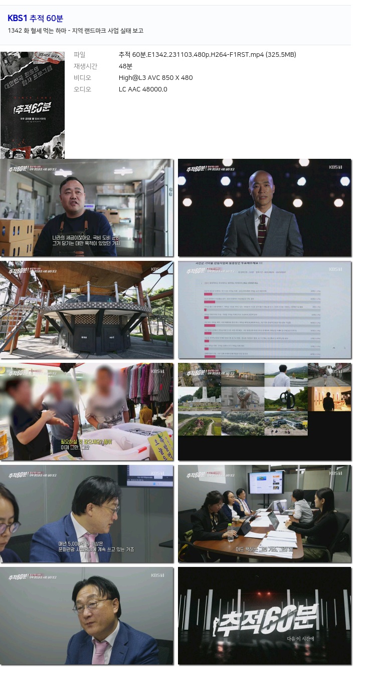 [KBS1] 추적 60분.혈세 먹는 하마 - 지역 랜드마크 사업 실태 보고.E1342.231103.480p.H264-F1RST 저장 - 파일썬
