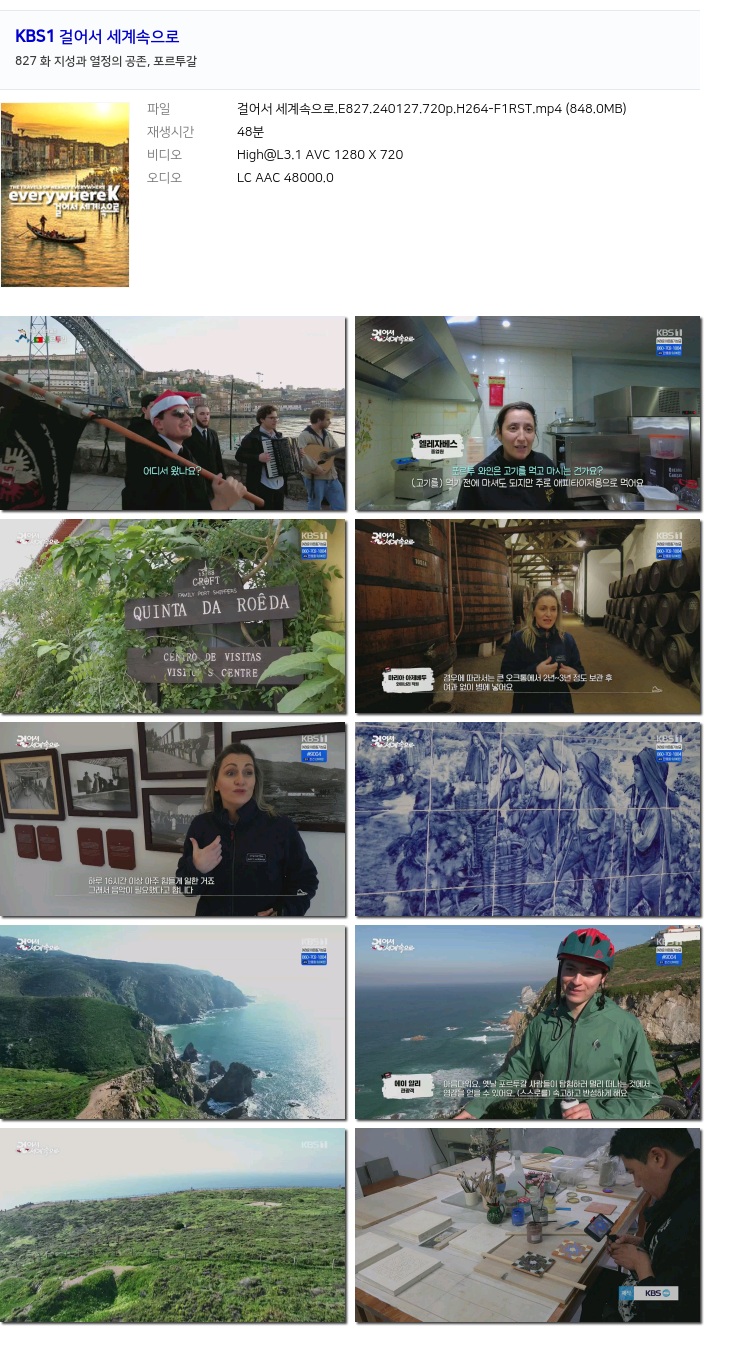 [KBS1] 걸어서 세계속으로 지성과 열정의 공존, 포르투갈.E827.240127.720p.H264-F1RST 저장 - 파일썬