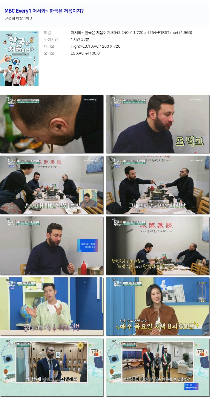 [MBC Every1] 어서와~ 한국은 처음이지? 이탈리아 3.E342.240411.720p.H264-F1RST 저장 - 파일썬