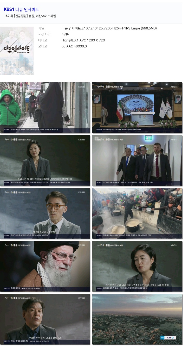 [KBS1] 다큐 인사이트 [긴급점검] 충돌, 이란vs이스라엘.E187.240425.720p.H264-F1RST 저장 - 파일썬